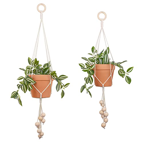 ANROYE Macrame Plant Hanger Set of 2, Bohemian Hanging Planters with Wood Beads Tassels for Indoor, Boho Decorative Flower Pot Rope Holder for Home Decor Bedroom Window Farmhouse Living Room Outdoor