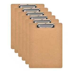 happyhapi clipboards 6 pack wood clip boards hardboard letter size (9 x 12.5 inches) for 8.5x11 inch paper brown eco friendly clipboards with low profile clip for office, school classroom supplies