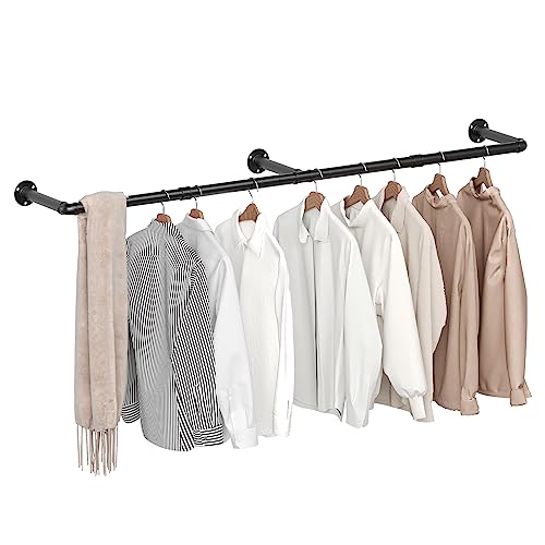 YATINEY Pipe Clothes Rack, 65.2in Wall Mounted Industrial Clothing Rack, Heavy Duty Detachable Garment Rack, Closet Hanging Clothes Rod, Multi-Purpose Hanging Rod for Bedroom, Black FS13L2BB