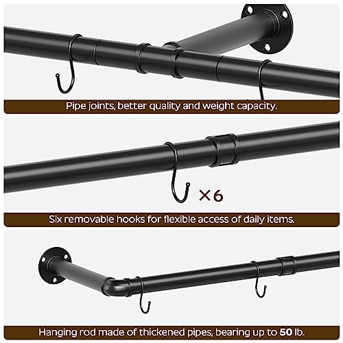 YATINEY Pipe Clothes Rack, 65.2in Wall Mounted Industrial Clothing Rack, Heavy Duty Detachable Garment Rack, Closet Hanging Clothes Rod, Multi-Purpose Hanging Rod for Bedroom, Black FS13L2BB