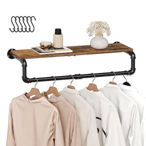 yatiney pipe clothes rack, 31.5 in wall mounted garment rack with top shelf, industrial clothing rack, heavy duty detachable, space saver hanging clothes rack, rustic brown fs08br