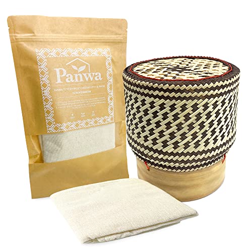 PANWA Bamboo Sticky Rice Serving Basket Thai Kratip Container - Chocolate Colored- 5.5 Inch Diameter with 16 Inch Round 6 Pack Reusable Cheesecloth