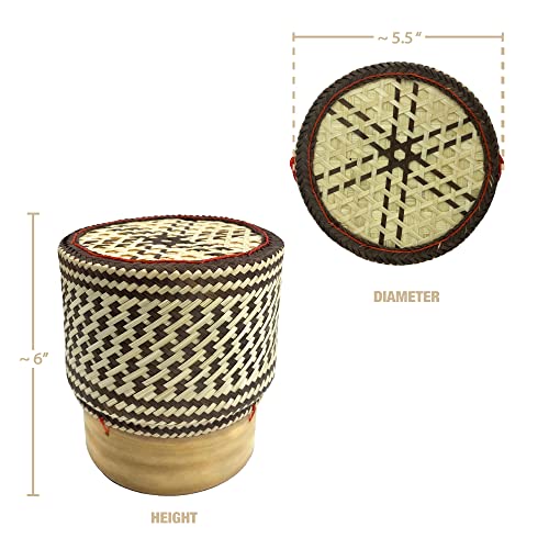 PANWA Bamboo Sticky Rice Serving Basket Thai Kratip Container - Chocolate Colored- 5.5 Inch Diameter with 16 Inch Round 6 Pack Reusable Cheesecloth