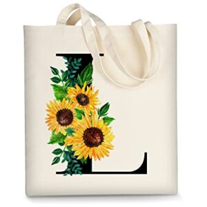 AUSVKAI Canvas Tote Bag Aesthetic for Women, Cute Sunflower Initial Trendy Monogram Personalized Initial Birthday Reusable Cloth Cotton Bags with Handle for Grocery School Shopping Beach