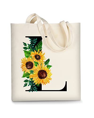 AUSVKAI Canvas Tote Bag Aesthetic for Women, Cute Sunflower Initial Trendy Monogram Personalized Initial Birthday Reusable Cloth Cotton Bags with Handle for Grocery School Shopping Beach