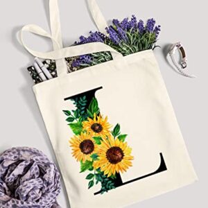 AUSVKAI Canvas Tote Bag Aesthetic for Women, Cute Sunflower Initial Trendy Monogram Personalized Initial Birthday Reusable Cloth Cotton Bags with Handle for Grocery School Shopping Beach