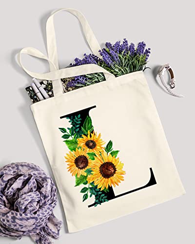 AUSVKAI Canvas Tote Bag Aesthetic for Women, Cute Sunflower Initial Trendy Monogram Personalized Initial Birthday Reusable Cloth Cotton Bags with Handle for Grocery School Shopping Beach