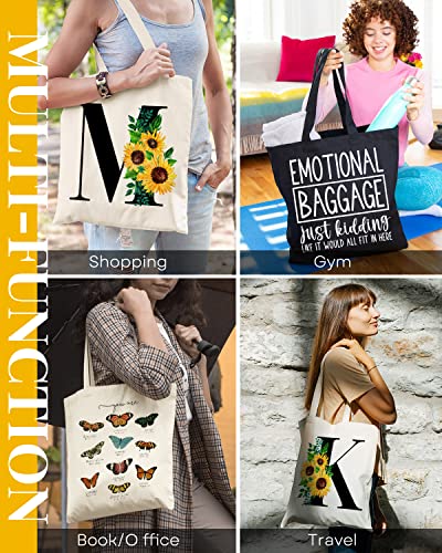 AUSVKAI Canvas Tote Bag Aesthetic for Women, Cute Sunflower Initial Trendy Monogram Personalized Initial Birthday Reusable Cloth Cotton Bags with Handle for Grocery School Shopping Beach