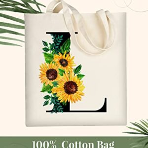 AUSVKAI Canvas Tote Bag Aesthetic for Women, Cute Sunflower Initial Trendy Monogram Personalized Initial Birthday Reusable Cloth Cotton Bags with Handle for Grocery School Shopping Beach