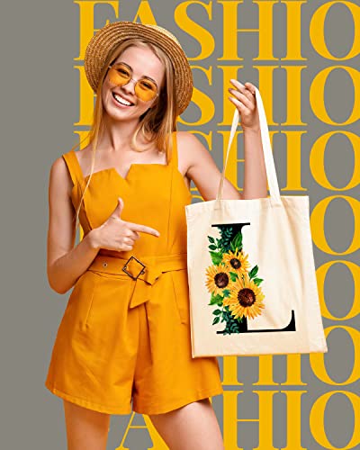 AUSVKAI Canvas Tote Bag Aesthetic for Women, Cute Sunflower Initial Trendy Monogram Personalized Initial Birthday Reusable Cloth Cotton Bags with Handle for Grocery School Shopping Beach