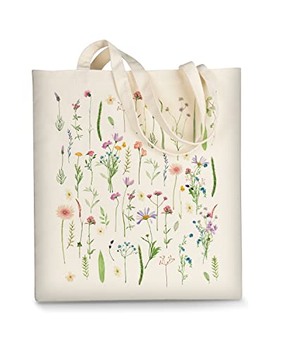 AUSVKAI Canvas Tote Bag Aesthetic for Women, Cute Trendy Wildflowers Reusable Cloth Cotton Bags with Handle for Grocery School Shopping Beach