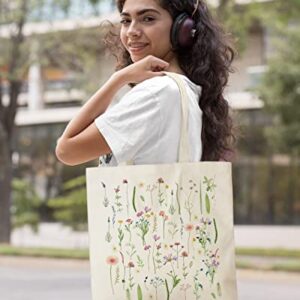 AUSVKAI Canvas Tote Bag Aesthetic for Women, Cute Trendy Wildflowers Reusable Cloth Cotton Bags with Handle for Grocery School Shopping Beach