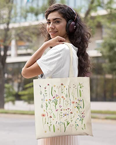 AUSVKAI Canvas Tote Bag Aesthetic for Women, Cute Trendy Wildflowers Reusable Cloth Cotton Bags with Handle for Grocery School Shopping Beach