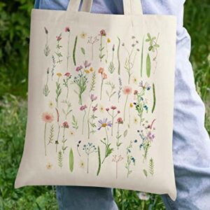 AUSVKAI Canvas Tote Bag Aesthetic for Women, Cute Trendy Wildflowers Reusable Cloth Cotton Bags with Handle for Grocery School Shopping Beach