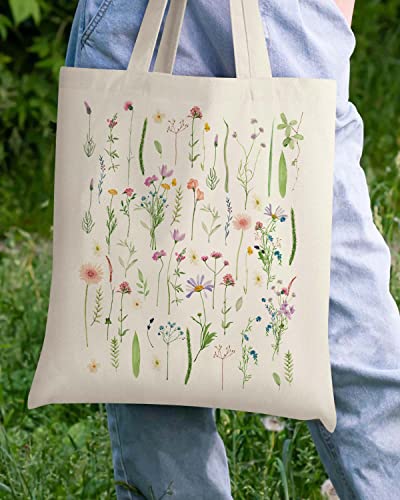 AUSVKAI Canvas Tote Bag Aesthetic for Women, Cute Trendy Wildflowers Reusable Cloth Cotton Bags with Handle for Grocery School Shopping Beach