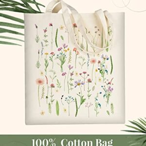 AUSVKAI Canvas Tote Bag Aesthetic for Women, Cute Trendy Wildflowers Reusable Cloth Cotton Bags with Handle for Grocery School Shopping Beach