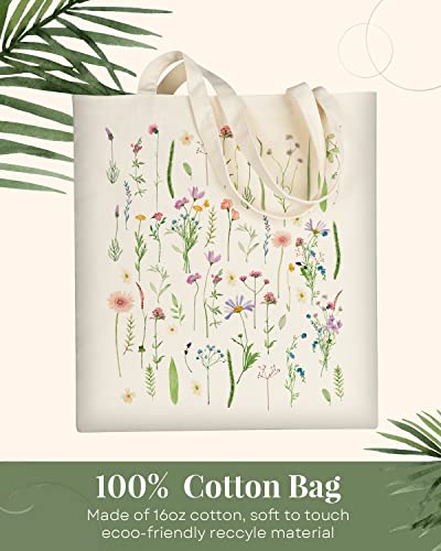 AUSVKAI Canvas Tote Bag Aesthetic for Women, Cute Trendy Wildflowers Reusable Cloth Cotton Bags with Handle for Grocery School Shopping Beach