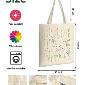 AUSVKAI Canvas Tote Bag Aesthetic for Women, Cute Trendy Wildflowers Reusable Cloth Cotton Bags with Handle for Grocery School Shopping Beach