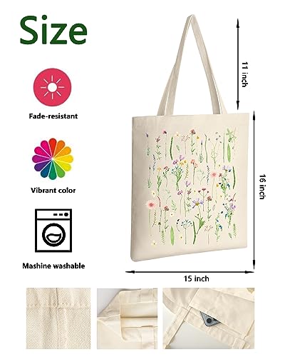 AUSVKAI Canvas Tote Bag Aesthetic for Women, Cute Trendy Wildflowers Reusable Cloth Cotton Bags with Handle for Grocery School Shopping Beach