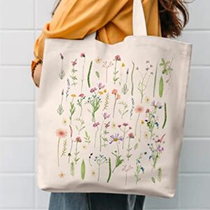 AUSVKAI Canvas Tote Bag Aesthetic for Women, Cute Trendy Wildflowers Reusable Cloth Cotton Bags with Handle for Grocery School Shopping Beach