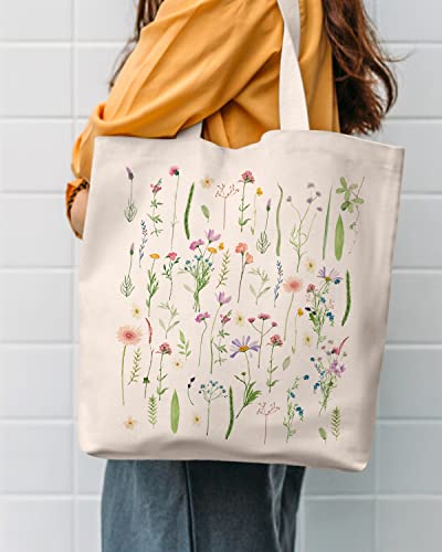 AUSVKAI Canvas Tote Bag Aesthetic for Women, Cute Trendy Wildflowers Reusable Cloth Cotton Bags with Handle for Grocery School Shopping Beach