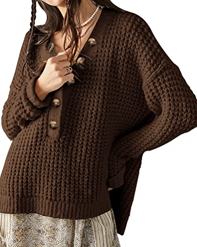 Womens V Neck Button Down Henley Sweater Long Sleeve Knit Pullover Sweaters Casual Side Slit Solid Color Jumper Tops