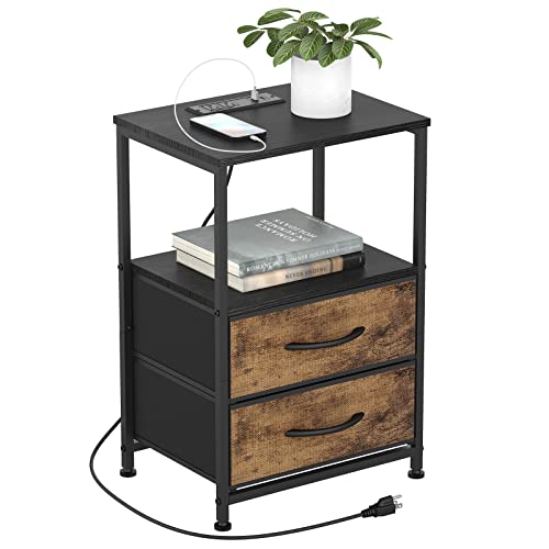 DOMYDEVM Black Nightstand with Charging Station Bedroom Night Stand Bedside Table with USB Ports and Outlets Small Side End Table with 2 Fabric Storage Drawers for Living Room Dorm