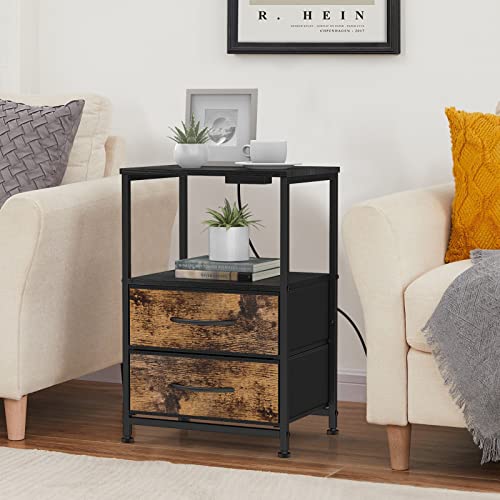 DOMYDEVM Black Nightstand with Charging Station Bedroom Night Stand Bedside Table with USB Ports and Outlets Small Side End Table with 2 Fabric Storage Drawers for Living Room Dorm