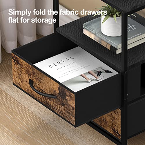 DOMYDEVM Black Nightstand with Charging Station Bedroom Night Stand Bedside Table with USB Ports and Outlets Small Side End Table with 2 Fabric Storage Drawers for Living Room Dorm