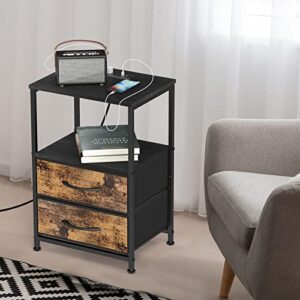 DOMYDEVM Black Nightstand with Charging Station Bedroom Night Stand Bedside Table with USB Ports and Outlets Small Side End Table with 2 Fabric Storage Drawers for Living Room Dorm