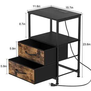 DOMYDEVM Black Nightstand with Charging Station Bedroom Night Stand Bedside Table with USB Ports and Outlets Small Side End Table with 2 Fabric Storage Drawers for Living Room Dorm