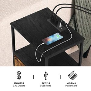 DOMYDEVM Black Nightstand with Charging Station Bedroom Night Stand Bedside Table with USB Ports and Outlets Small Side End Table with 2 Fabric Storage Drawers for Living Room Dorm