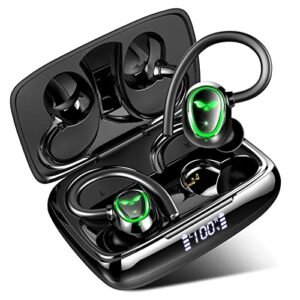 wireless earbud bluetooth 5.3 headphones sport earphones in ear 48h playback stereo noise cancelling earbud with dual mic led display, over-ear earhooks ear buds ip7 waterproof headset for running gym