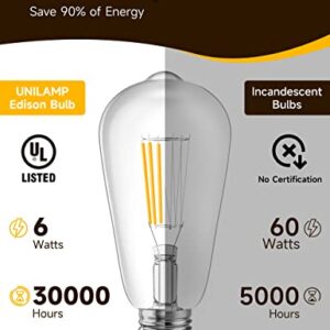 UNILAMP E26 LED Bulb 60 Watt Equivalent Dimmable, 6W Edison Light Bulb, 2700K Warm White, 600LM, ST64 E26 Edison Dimmable Bulb, Vintage LED Filament Bulbs, 2 Pack