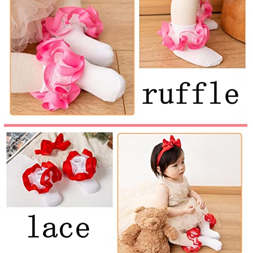 WBZOTSS 3 Pairs Ruffle Lace Barbie Socks, Double Turn Cuff Princess Dress Socks for Newborn/Infant/Toddler/Little Baby Girls