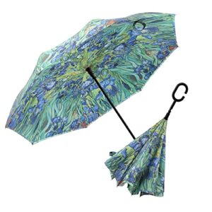 raincaper reverse inverted (inside-out) windproof van gogh irises designer print reverse-opening upside down umbrella with c-shaped handsfree handle