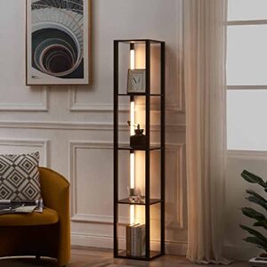 fenlo fancy - 64" display shelf with lights, led shelf floor lamps for living room, sturdy corner shelf curio cabinet display, tall floor lamps with shelves, 3 level brightness led, black