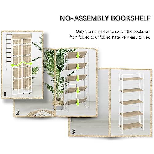 4NM No-Assembly 5 Tiers Folding Bookshelf Storage Shelves Vintage Bookcase Standing Racks Study Organizer Home Office - Natural and White