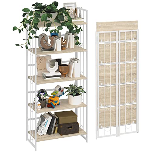 4NM No-Assembly 5 Tiers Folding Bookshelf Storage Shelves Vintage Bookcase Standing Racks Study Organizer Home Office - Natural and White