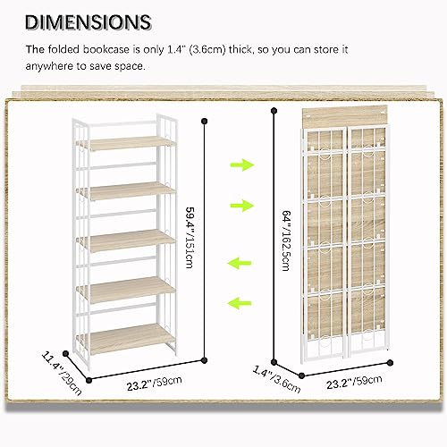 4NM No-Assembly 5 Tiers Folding Bookshelf Storage Shelves Vintage Bookcase Standing Racks Study Organizer Home Office - Natural and White