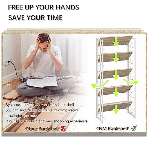 4NM No-Assembly 5 Tiers Folding Bookshelf Storage Shelves Vintage Bookcase Standing Racks Study Organizer Home Office - Natural and White