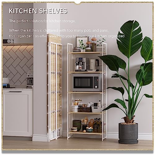 4NM No-Assembly 5 Tiers Folding Bookshelf Storage Shelves Vintage Bookcase Standing Racks Study Organizer Home Office - Natural and White