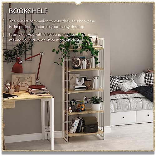 4NM No-Assembly 5 Tiers Folding Bookshelf Storage Shelves Vintage Bookcase Standing Racks Study Organizer Home Office - Natural and White