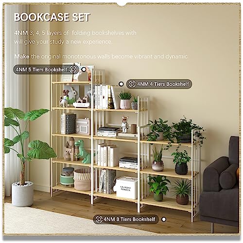 4NM No-Assembly 5 Tiers Folding Bookshelf Storage Shelves Vintage Bookcase Standing Racks Study Organizer Home Office - Natural and White