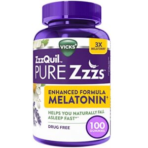 zzzquil, pure zzzs, enhanced melatonin, sleep aid gummies, 3x melatonin, helps you naturally fall asleep fast, 6mg melatonin & blend of chamomile, lavender & valerian root, 100 count