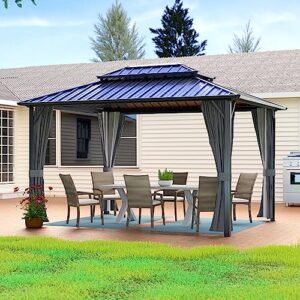 veikou 12' x 14' hardtop gazebo, patio gazebo w/double roof & aluminum frame, heavy duty gazebos and pergolas w/netting and curtains for garden, deck, backyard