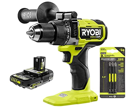 RYOBI ONE+ HP 18V Brushless Cordless 1/2 in. Hammer Drill with 2 Ah Lithium-Ion Battery and 3-1/2 in. Diamond Grit Impact Drive Bits (Bulk Packaging)