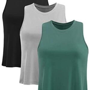 Ridshy Crop Tops for Women Workout Muscle Tank Top Cropped Loose Flowy Tank Tops Yoga Sleeveless Exercise Shirts Athletic Tanks Tennis Activewear Tops Gym Clothes 3 Pack Black/Gray/Army Green M