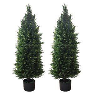 artificial topiary tree 2-set - beautiful realistic faux cedar pines, 4 feet tall, uv protection for longer life, durable 6" wide heavy duty pots for outdoor & indoor decor