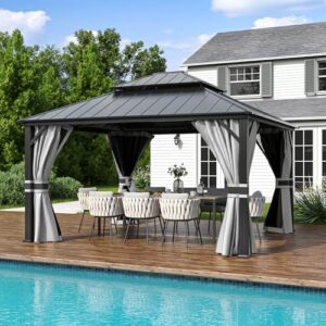 Amopatio 12' X 14' Hardtop Gazebo Permanent Aluminum Gazebos with Galvanized Steel Double Roof for Patio Lawn and Garden,Included Curtains & Mosquito Netting,Grey